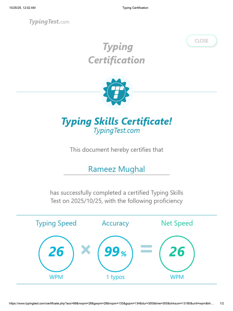 Typing Skills Certificate for Rameez Mughal | PDF
