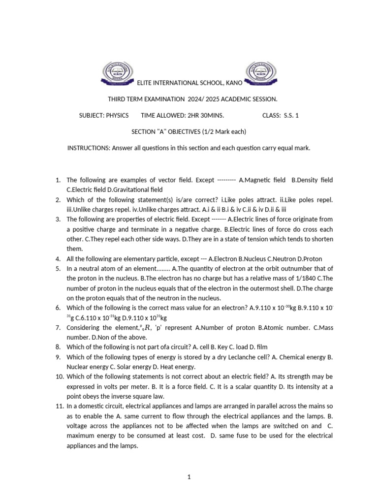 SS1 3rd Term Exam - Newly - Edited | PDF | Voltage | Electric Current