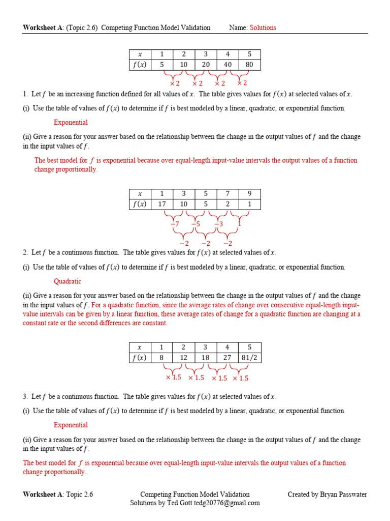 Worksheet a Key 2024 Topic 2.6 Competing Function Model Validation ...