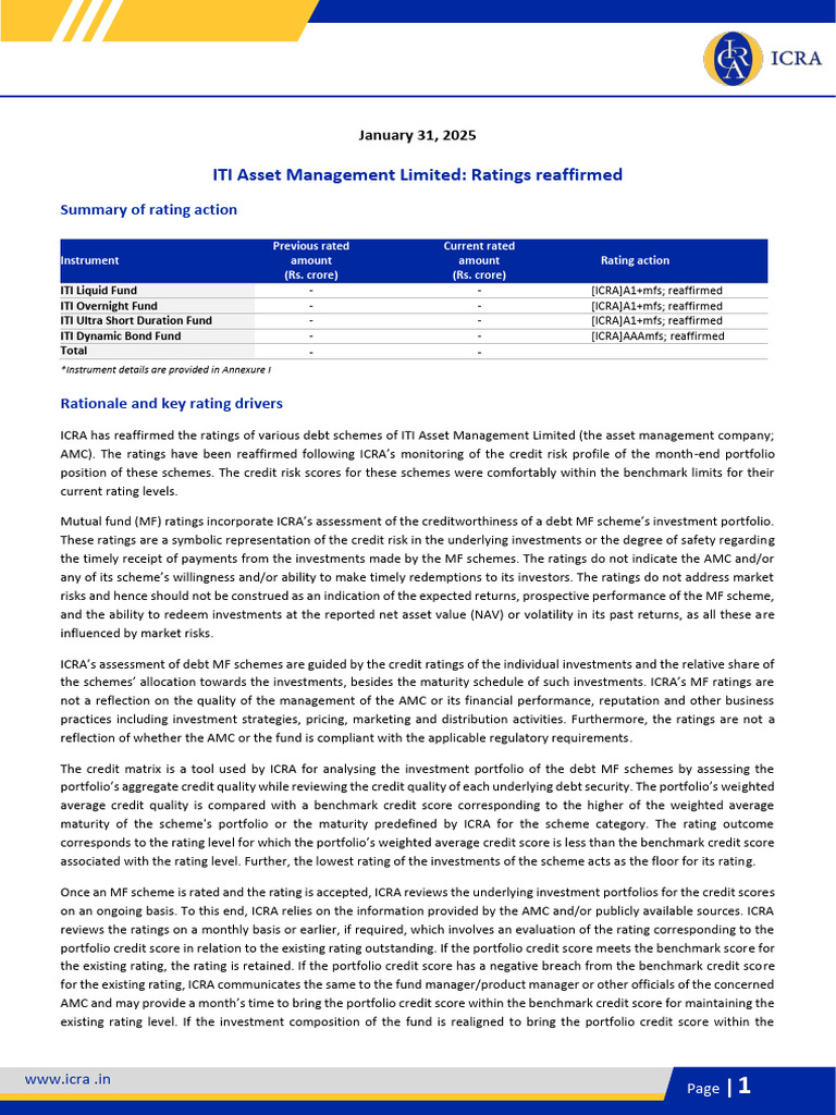 ITI Asset Management Ratings Reaffirmed | PDF | Investment Management ...