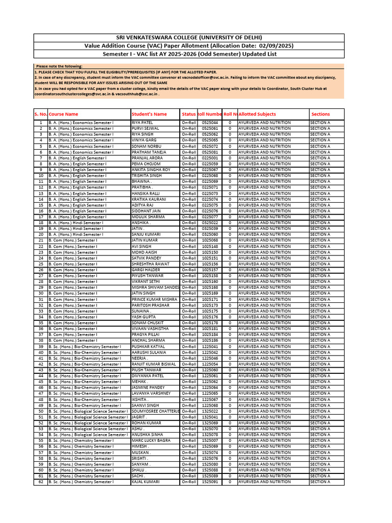 For Website - Updated VAC-Sem I - 2 Sep 2025 - 2025-26 | PDF | Educational Stages | Career And ...
