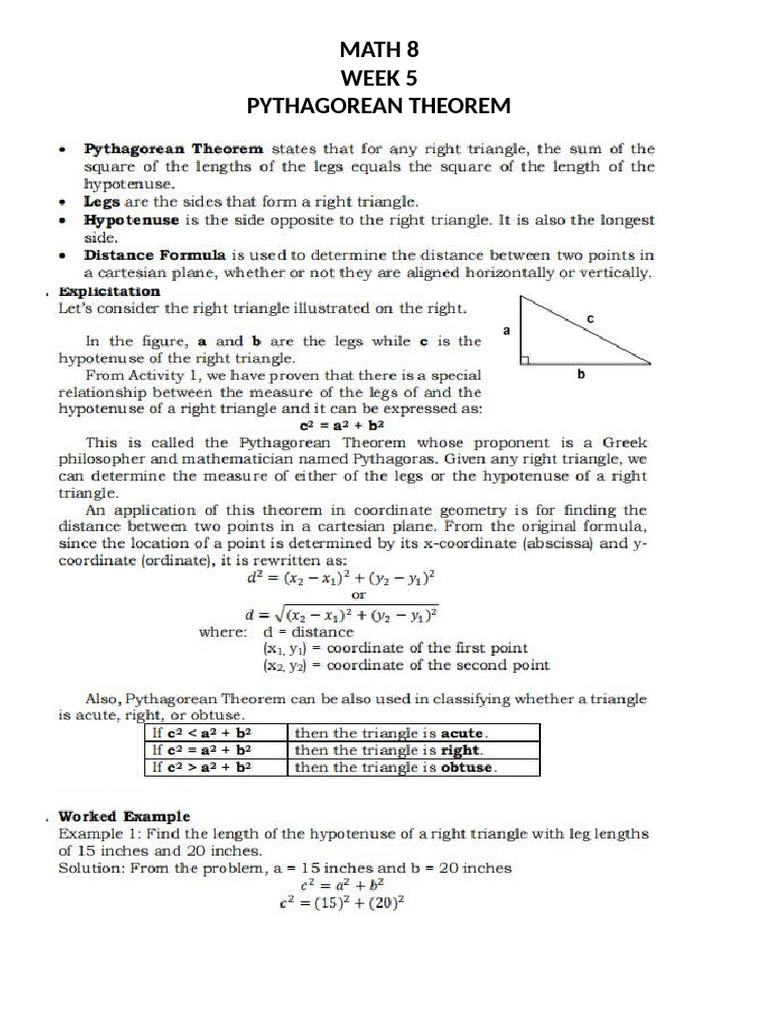 Math 8 Q2 Week5 Pythagorean Theorem | PDF