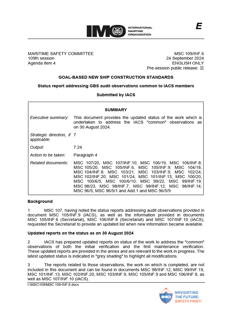 MSC 109-InF.6 - Status Report Addressing GBS Audit Observations Common To IACS Members (IACS) | PDF