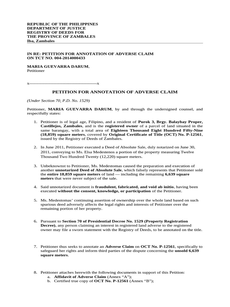 Petition For Annotation of Adverse Claim | PDF | Civil Law (Common Law ...