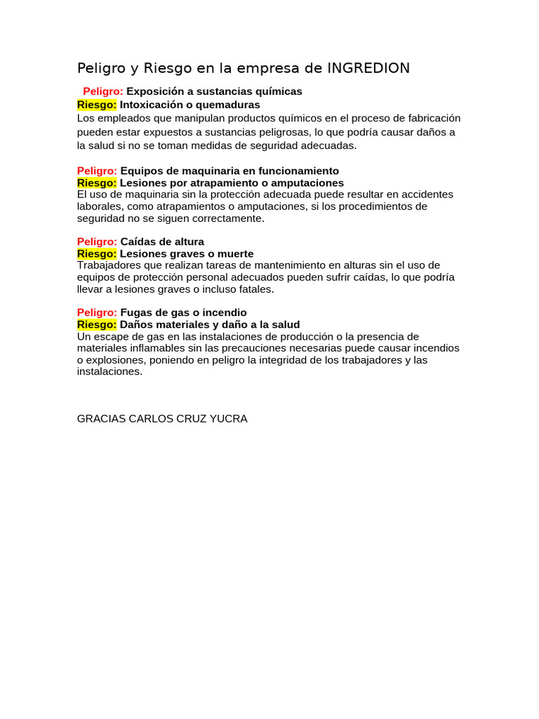 Peligro y Riesgo en La Empresa de INGREDION | PDF