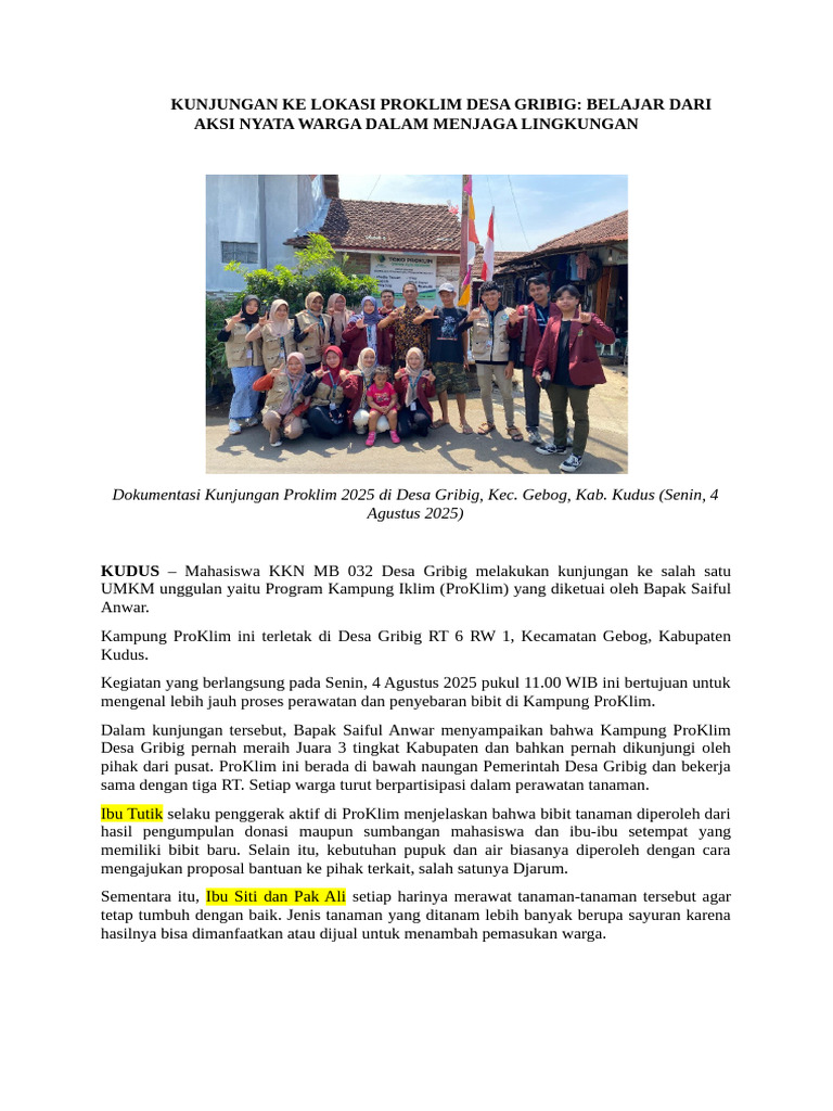 Berita-Kunjungan Proklim | PDF