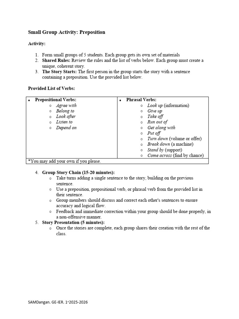 Prepositions. Small Group Activity | PDF