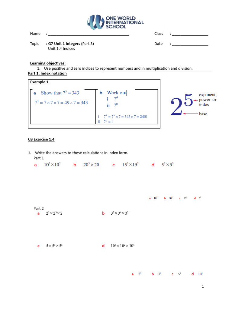 Unit 1 Integers - 1.4 Indices | PDF
