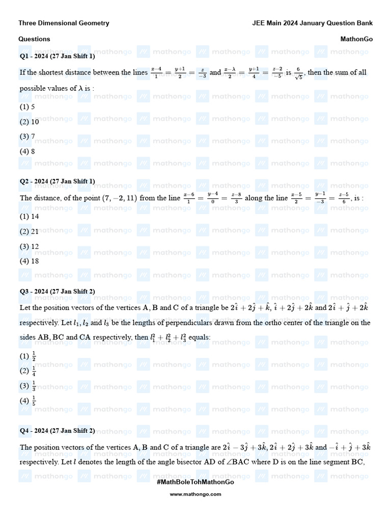 Three Dimensional Geometry JEE Main 2024 January Question Bank MathonGo ...