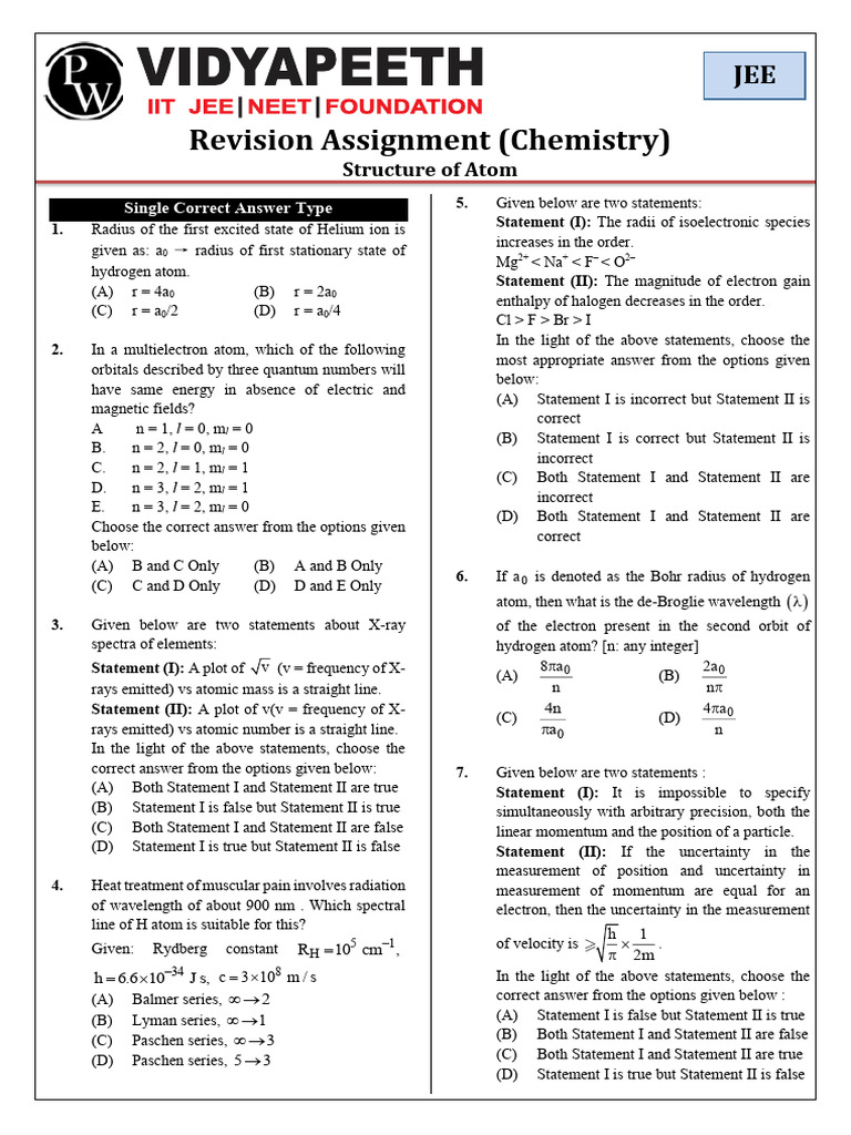 Revision Assignment - 2 - Structure of Atom - Chemistry - 12LJ152MA ...