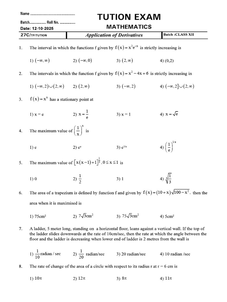 Class XII-Application of Derivatives-12!10!2025 | PDF