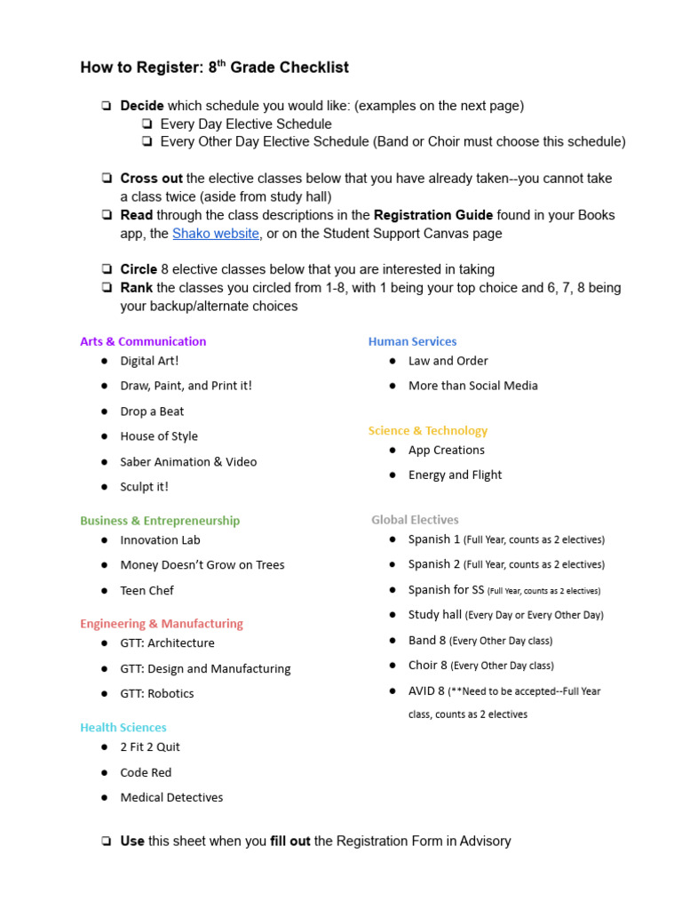 How to Register_ 8th Grade Checklist | PDF