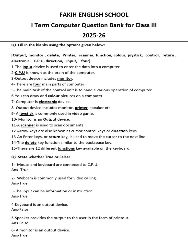 1 Term Question Bank 3 | PDF | Computer Keyboard | Cursor (User Interface)