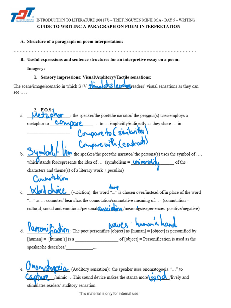Day 5 (Student) - Handout - How To Write A Paragraph On Poem ...
