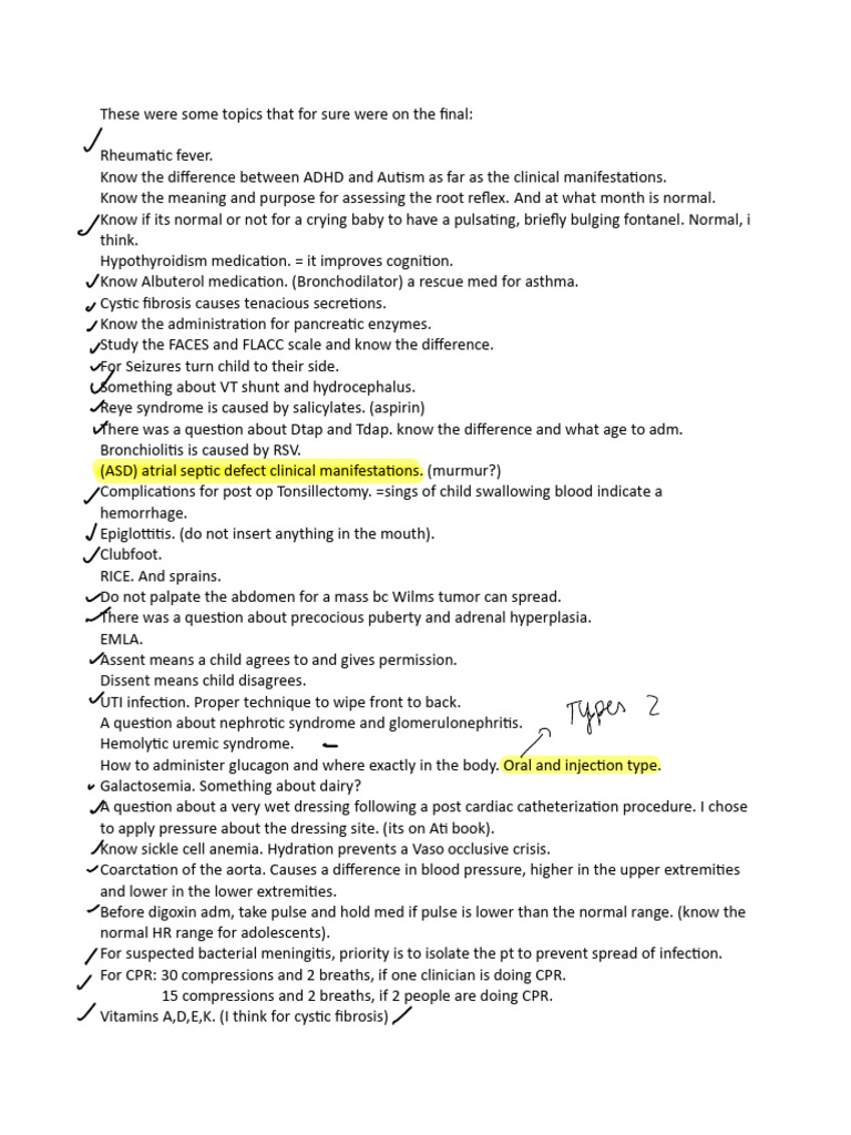 Pediatric Nursing Exam Study Topics | PDF | Attention Deficit ...