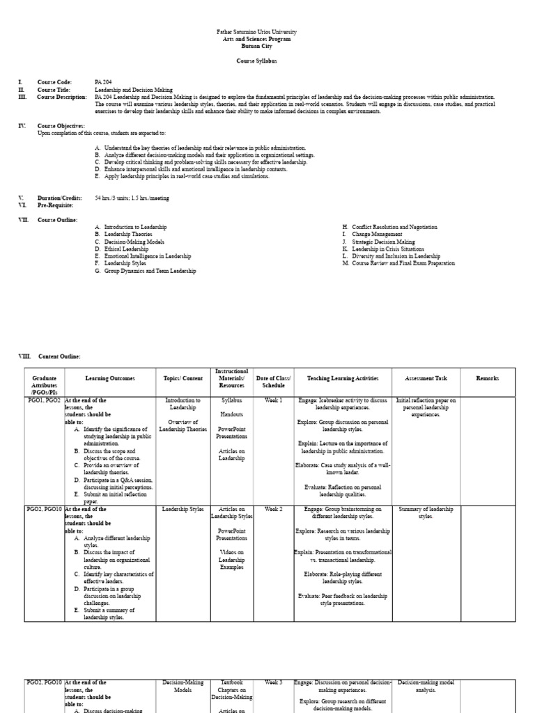 Leadership and Decision Making Syllabus | PDF | Leadership | Decision ...