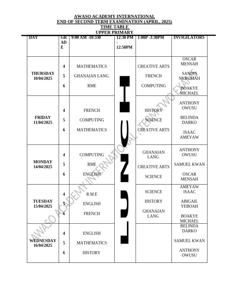 AWASO Academy Upper Primary Exam Timetable | PDF