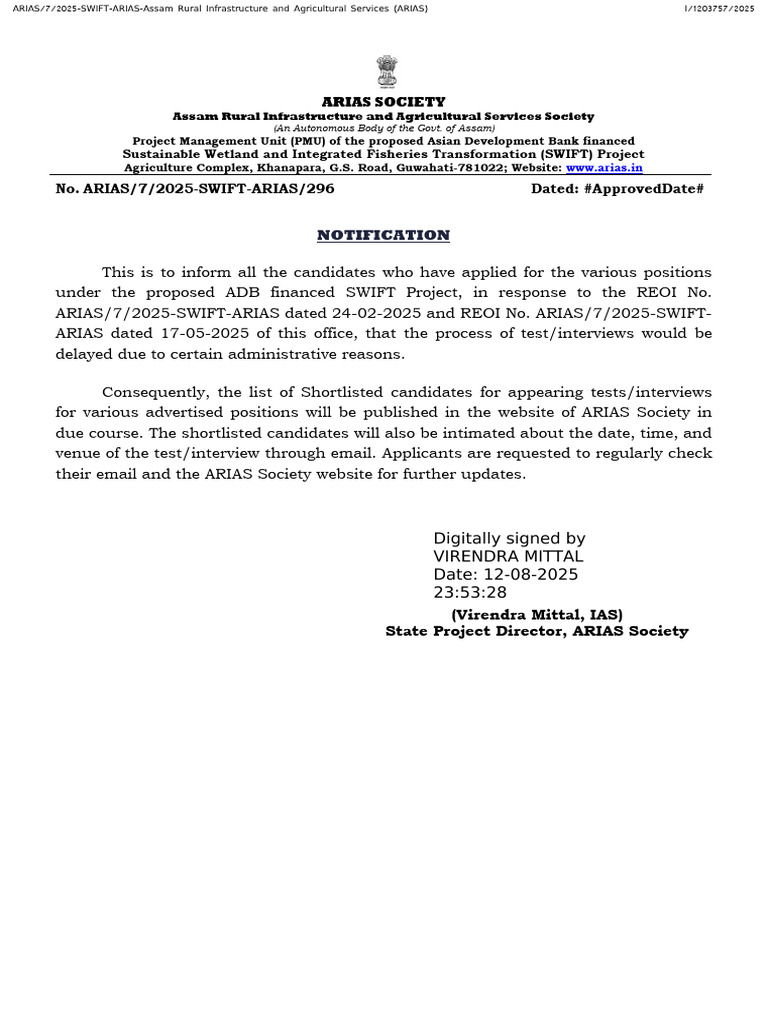 Notification - Delay in SWIFT Recruitment Interviews (Signed) | PDF