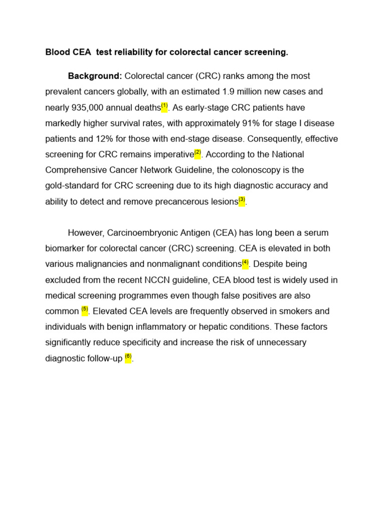 Blood CEA Test Reliability for Colorectal Cancer Screening First Draft ...