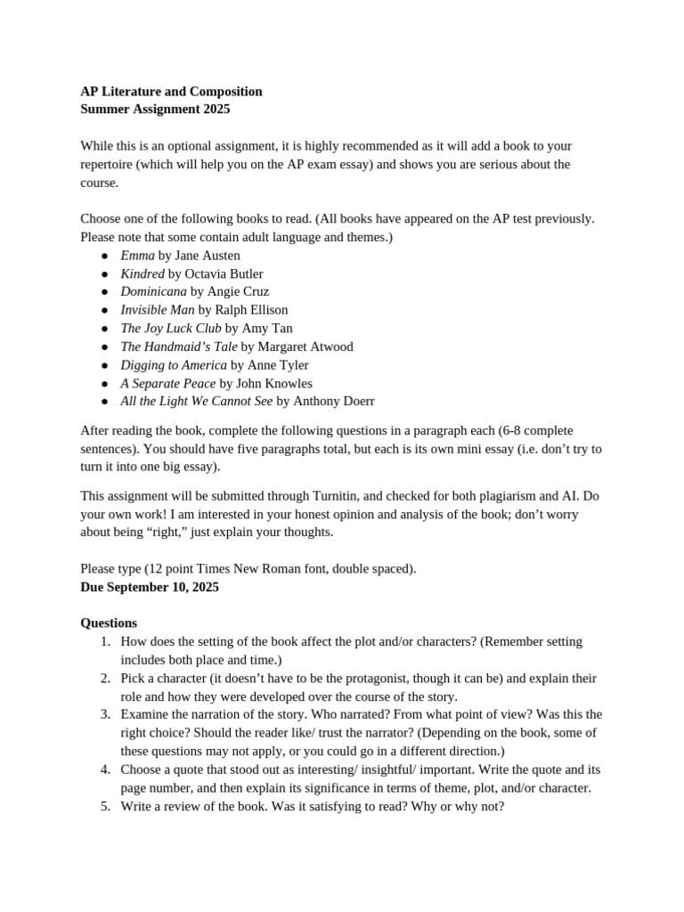 AP Literature and Composition Summer Assignment | PDF | Human Communication