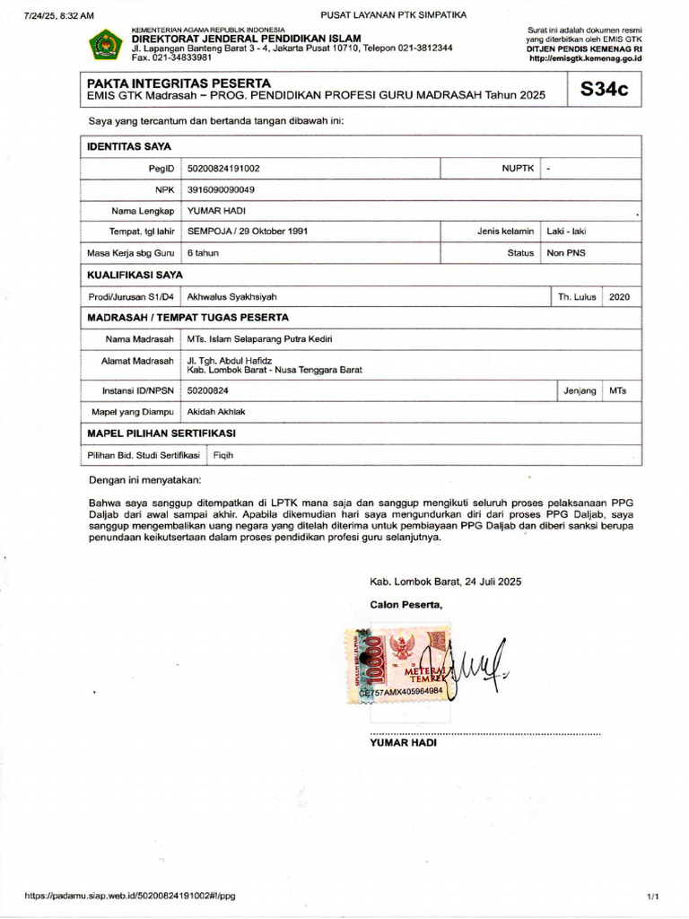 Pakta Integritas Yumar Hadi | PDF