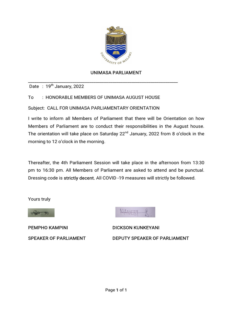 UNIMASA Parliamentary Orientation Notice | PDF