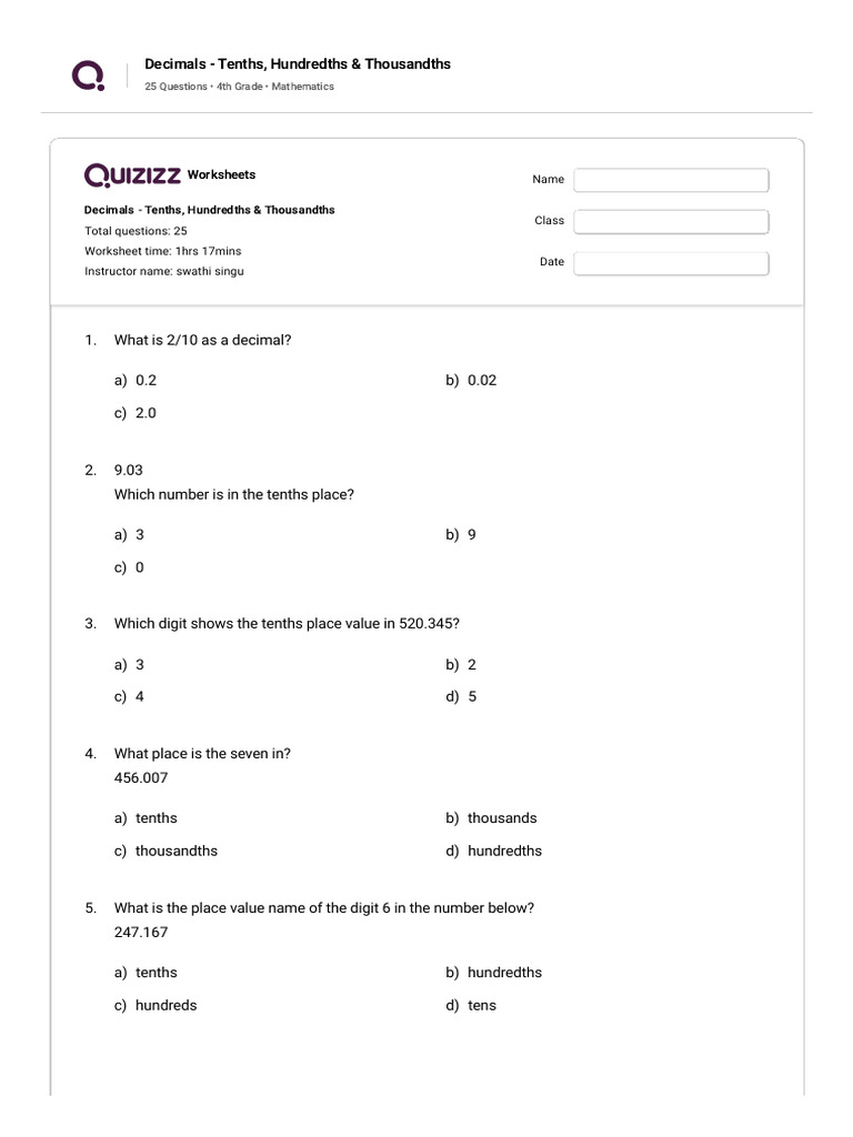 Decimals - Tenths, Hundredths & Thousandths - Quizizz | PDF | Numbers ...