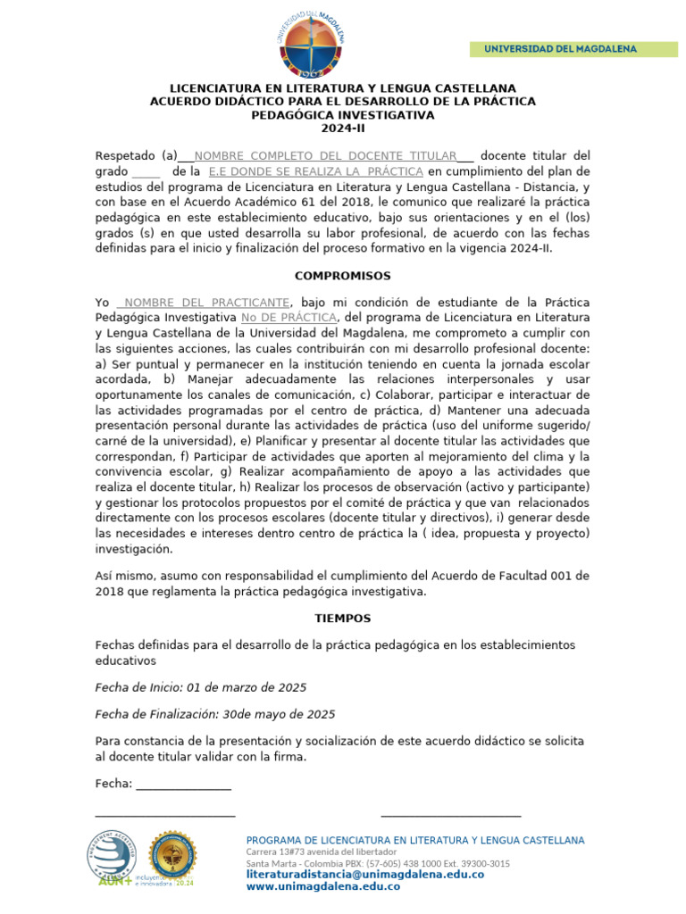 Acuerdo Didáctico para El Desrrollo de La Practica | PDF | Aprendizaje