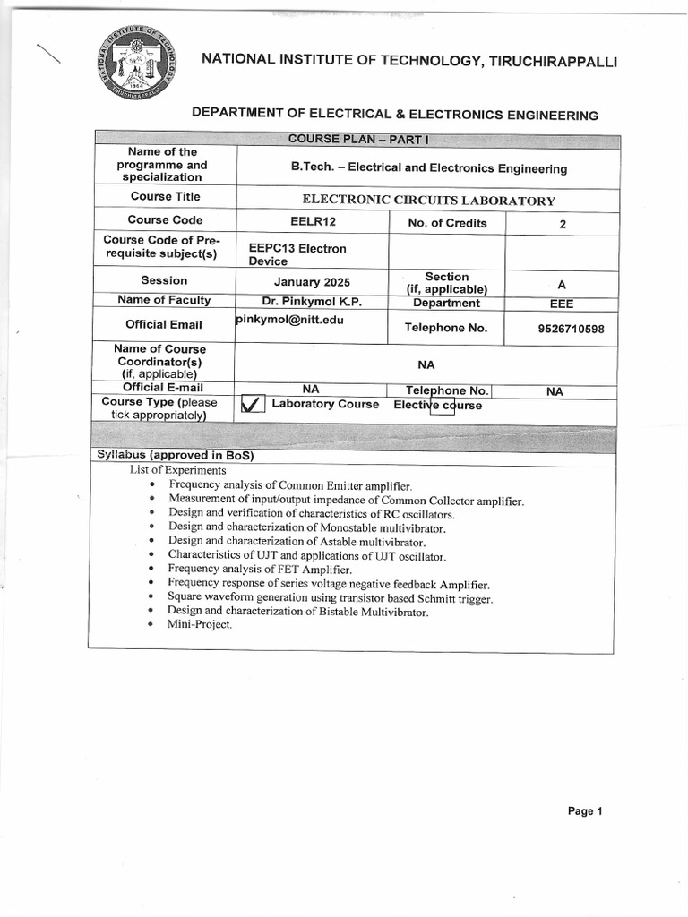 Eelr12 Electronic Circuits Lab-A Section | PDF