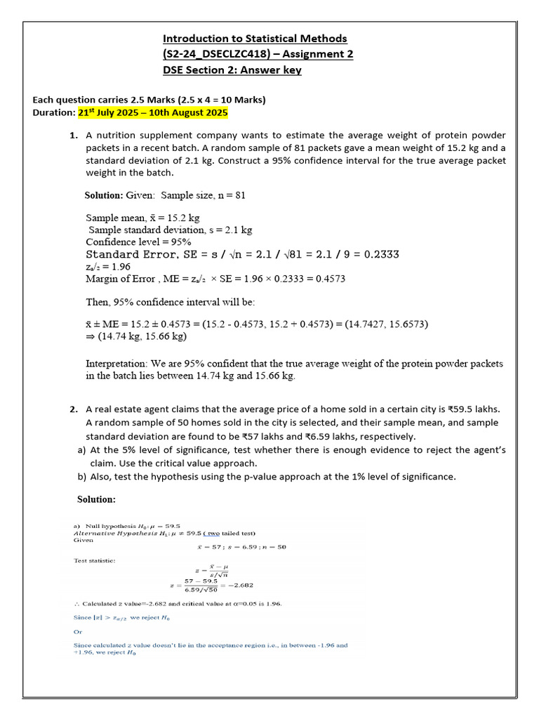 DSE Section 2 Assignment-2 Answer Key | PDF | Analysis Of Variance | Statistical Analysis
