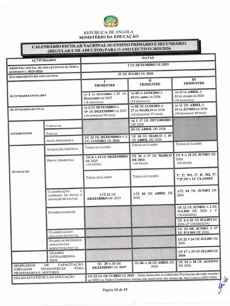 Calendário Escolar Ano Lectivo - 2025-2026 | PDF