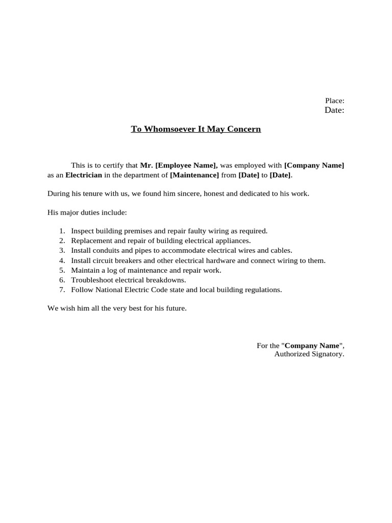 Electrician Experience Certificate Template | PDF