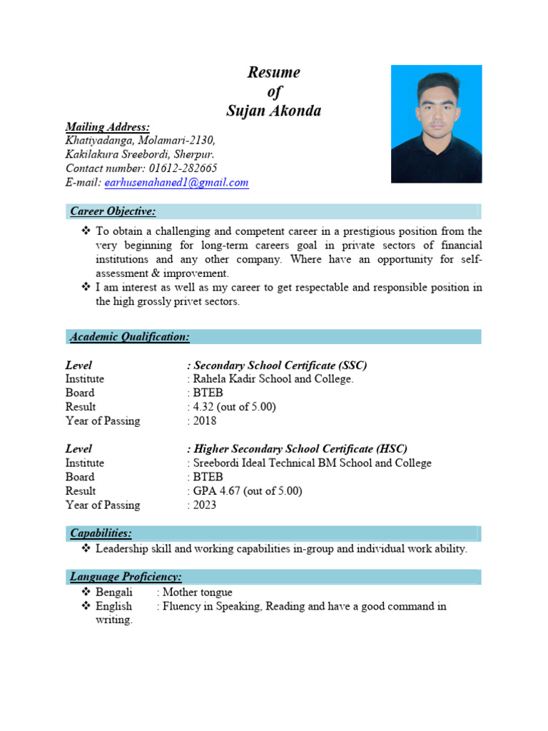 Resume of Sujan Akonda: Mailing Address | PDF