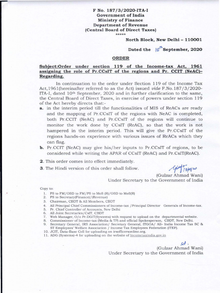 Order Under Section 119 of The IT Act 1961 Assigning The Role of PR ...