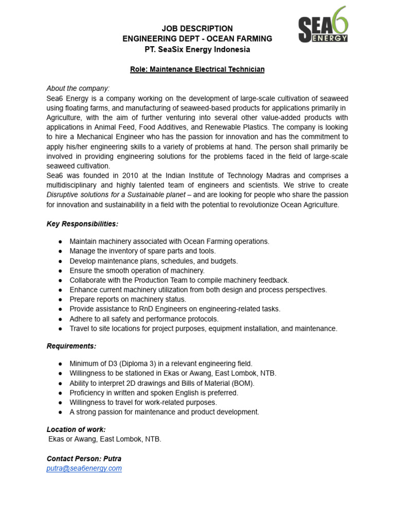 Job Description - Maintenance Electrical Technician | PDF | Agriculture ...