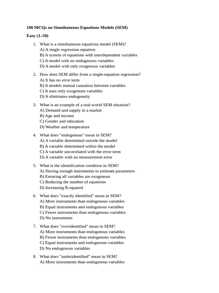 100 MCQs on Simultaneous Equations Models | PDF | Endogeneity ...