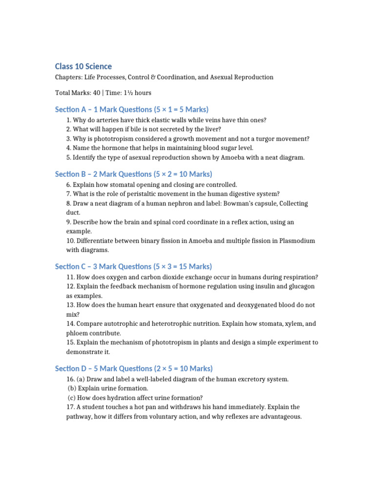 Class10 Science HOTS Question Paper | PDF | Anatomy | Physiology