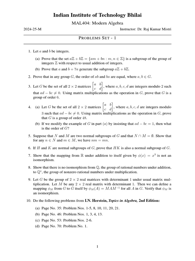 Modern Algebra Problem Set 1 | PDF | Group (Mathematics) | Matrix ...