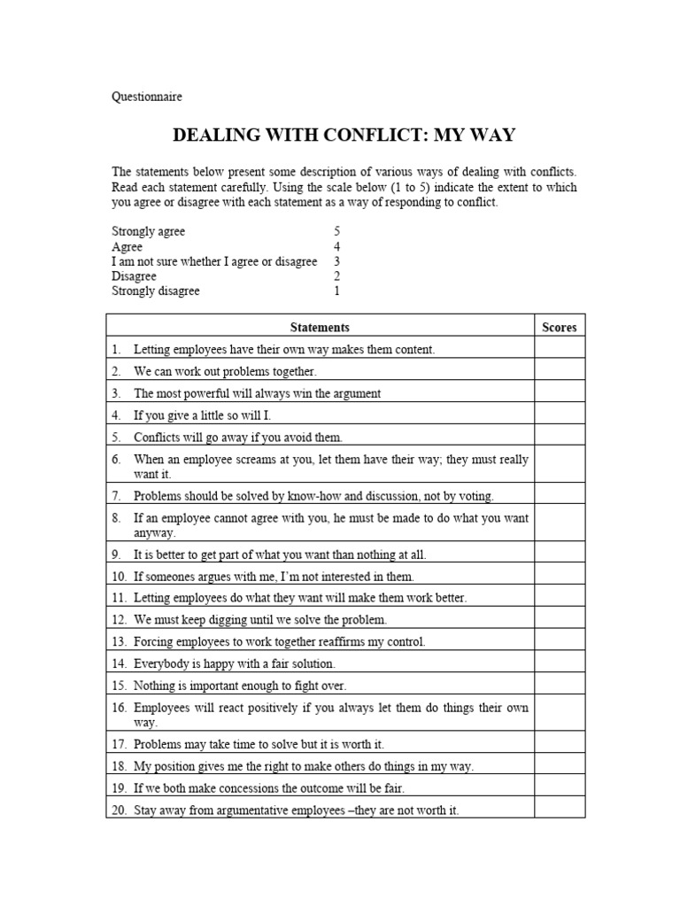 Conflict Resolution Strategies Questionnaire | PDF