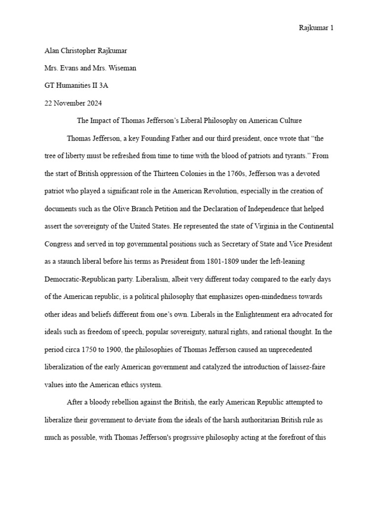 Research Paper Final Draft - The Impact of Thomas Jefferson's Liberal ...