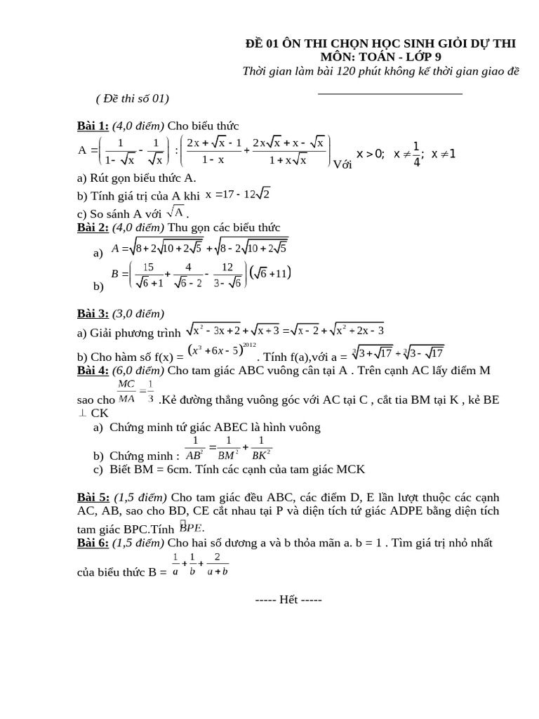 Đề 01 Ôn Thi Chọn Học Sinh Giỏi Dự Thi | PDF
