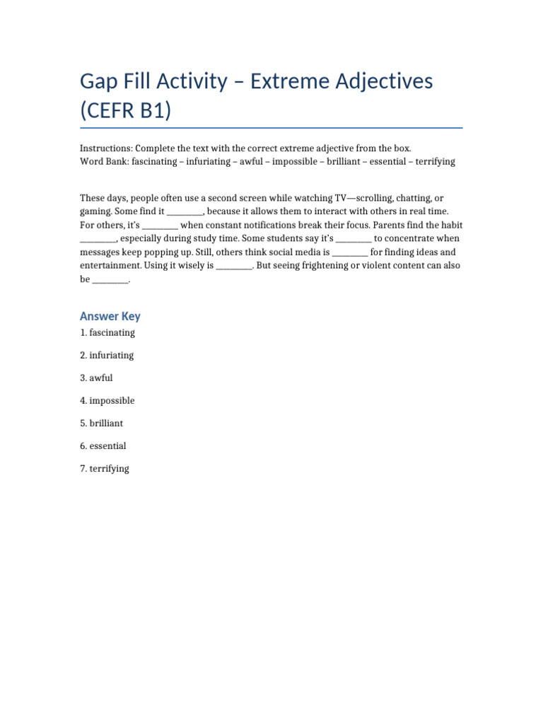 Extreme Adjectives Gap Fill B1 | PDF