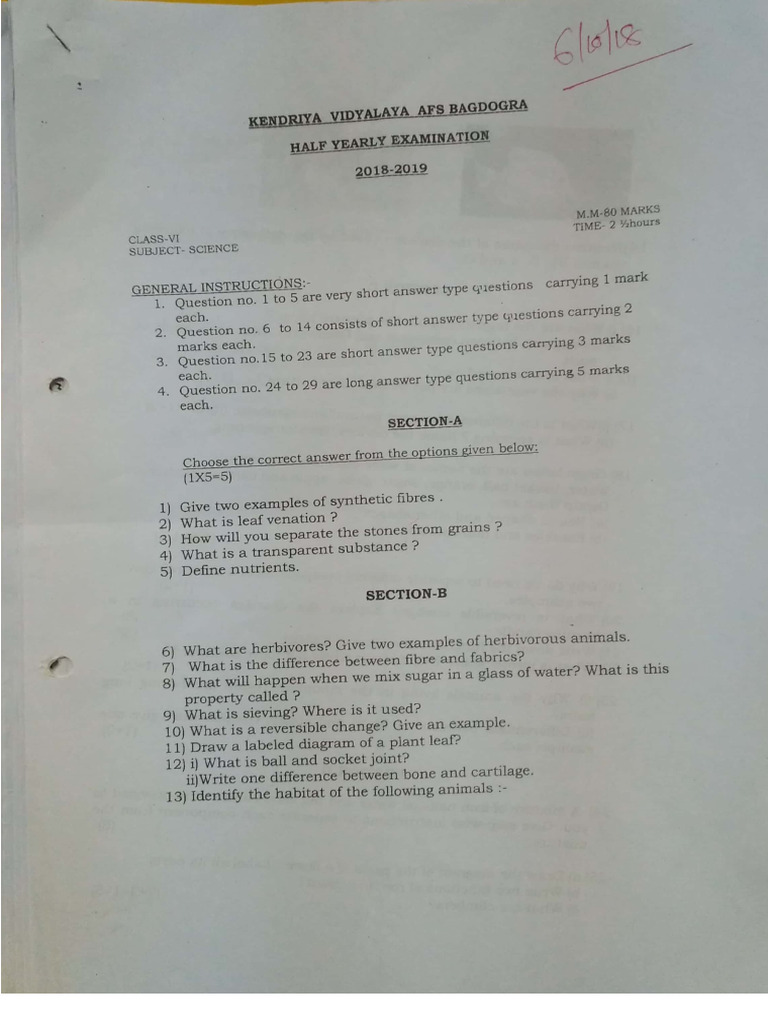 KV Class 6 HYE Half Yearly Exam Model Question Paper SCIENCE | PDF