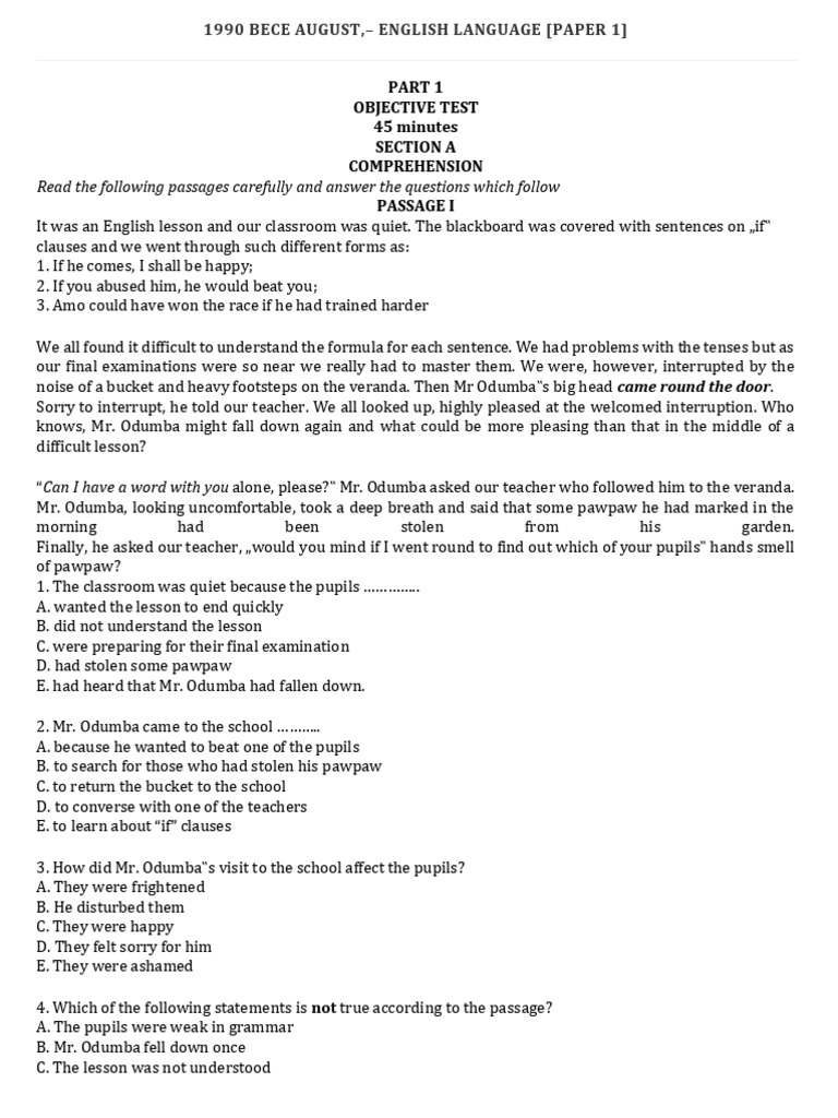 1990 BECE English Language Paper 1 | PDF