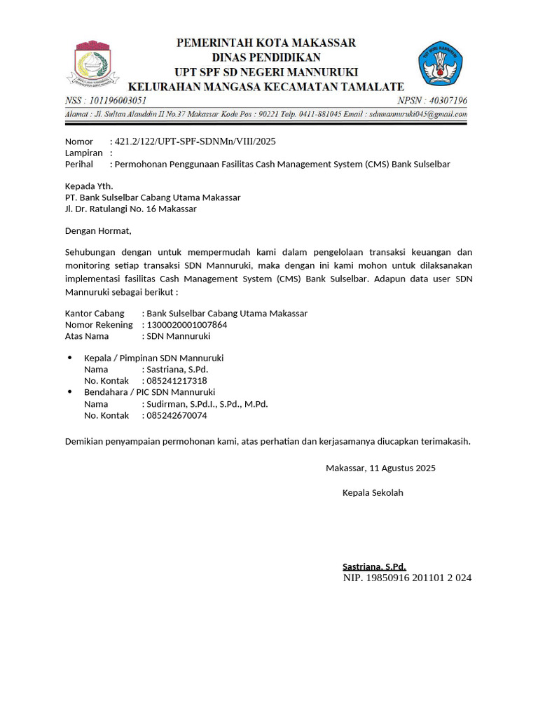 Permohonan Fasilitas CMS Bank Sulselbar | PDF