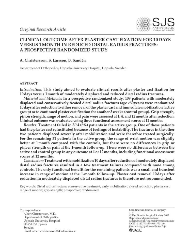 Christersson 2017 - Clinical Outcome After Plaster Cast Fixation For 10 ...