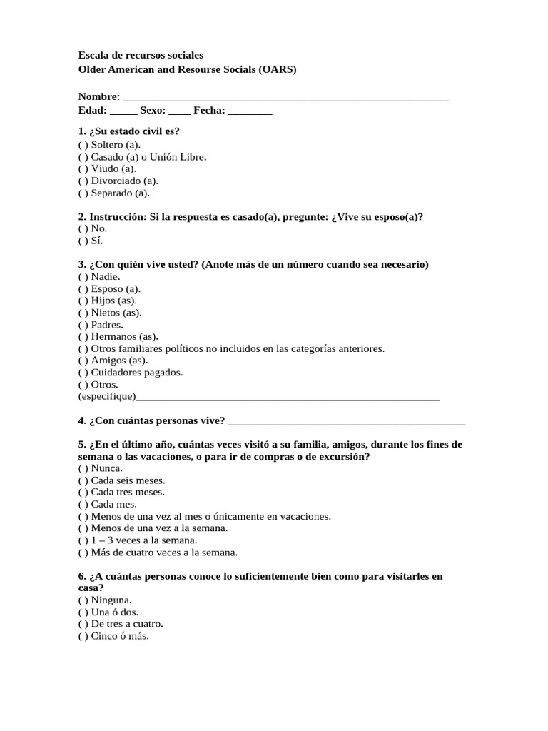 Escala OARS de Recursos Sociales | PDF