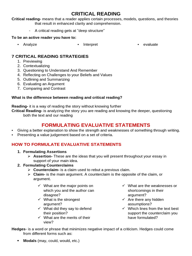 Critical Reading Strategies for Grade 11 | PDF | Books | Human ...