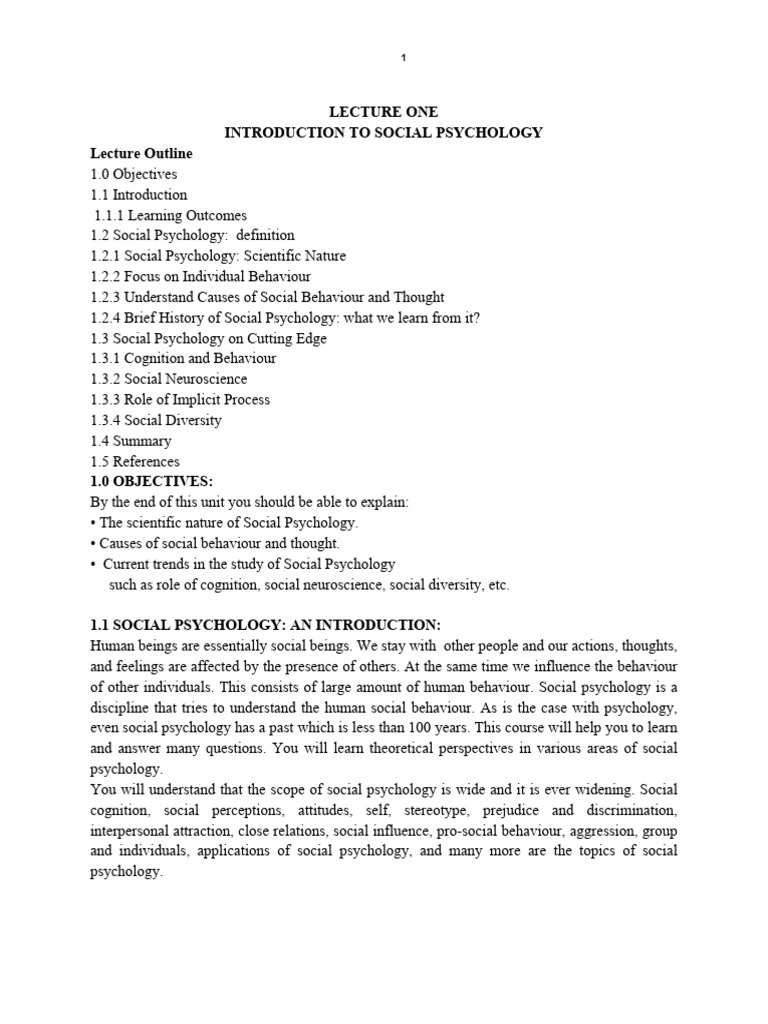 Social Psychology Lecture One | PDF | Social Psychology | Psychology