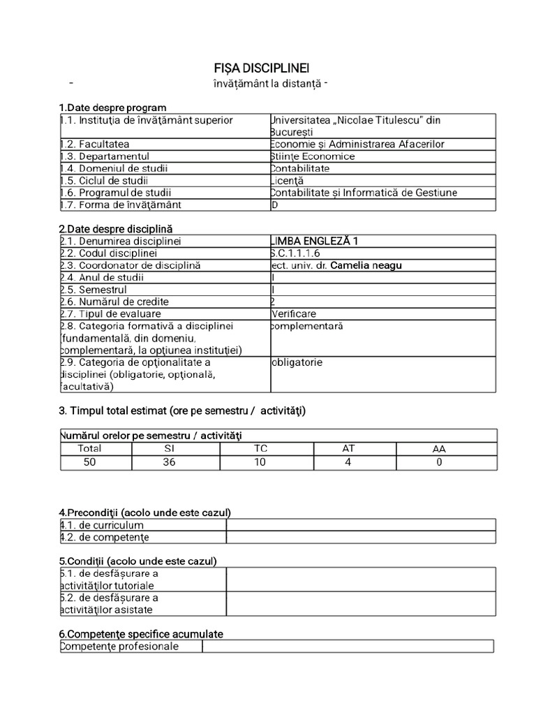 Fisa - Disciplina - Limba Engleză I, Anul I, Semestrul I | PDF
